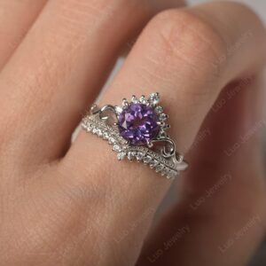 LUO 925 Sterling Silver Round 7 MM Amethyst Ring Princess Crown Tiara Engagement Ring for Women US Size 13