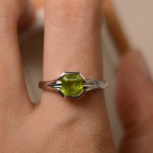 LUO 925 Sterling Silver Asscher Cut 6X6 MM Peridot Ring Anniversary Ring for Women US Size 10