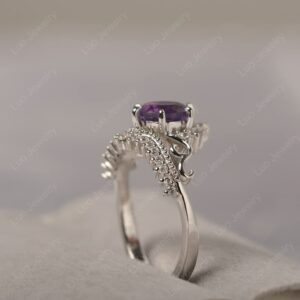 LUO 925 Sterling Silver Round 7 MM Amethyst Ring Princess Crown Tiara Engagement Ring for Women US Size 13