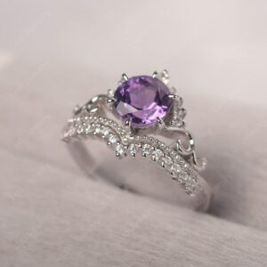 LUO 925 Sterling Silver Round 7 MM Amethyst Ring Princess Crown Tiara Engagement Ring for Women US Size 13