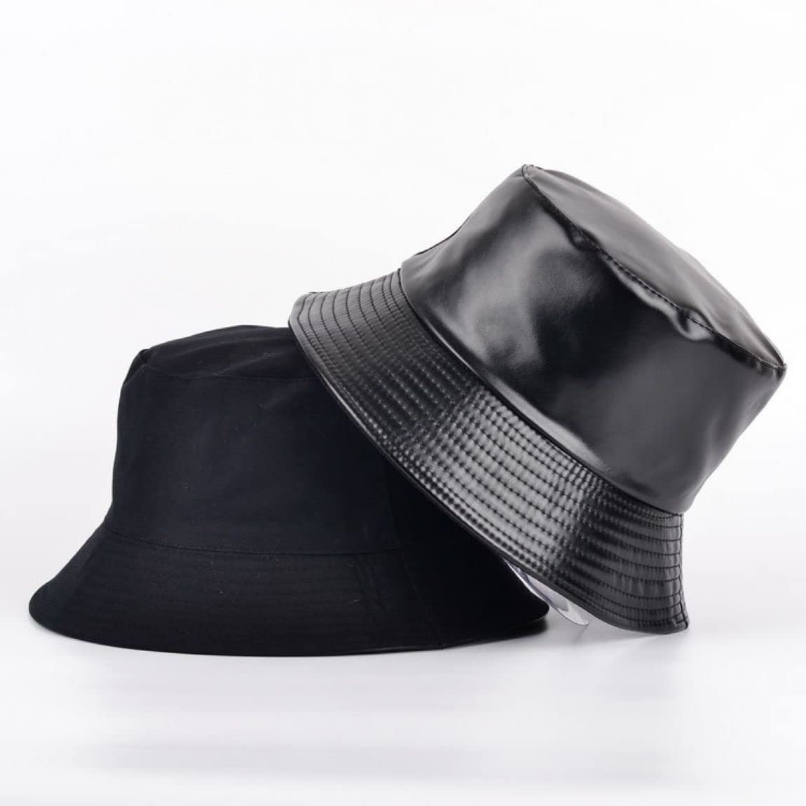 Unisex Retro Fashion PU Leather Bucket Hat Reversible Solid Trendy Sun Hat for Men Women