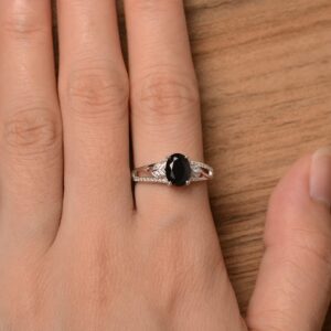 LUO 925 Sterling Silver Oval Shaped 1.45 CT Black Spinel Ring Black Stone Engagement Ring for Women US Size 5.5