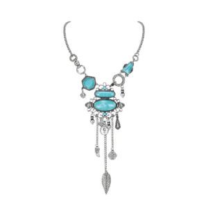 flyonce blue turquoise long collar necklace, vintage western style ethnic necklace for women silver-tone