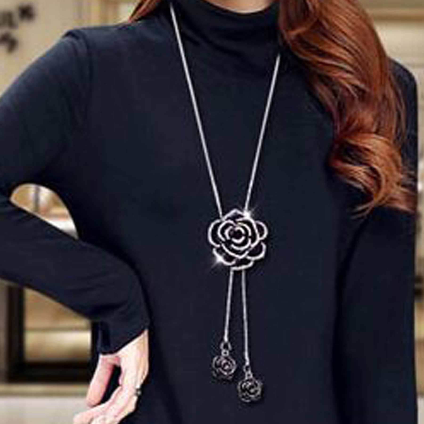 MXHUA Rhinestones Rose Flower Necklace for women Long Sweater Chain