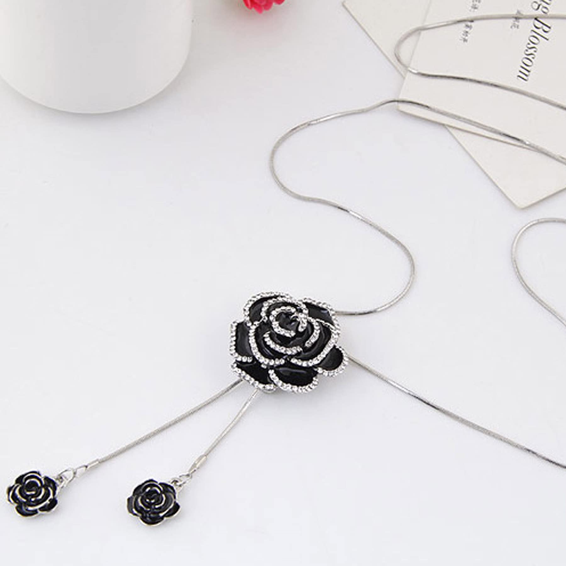 MXHUA Rhinestones Rose Flower Necklace for women Long Sweater Chain