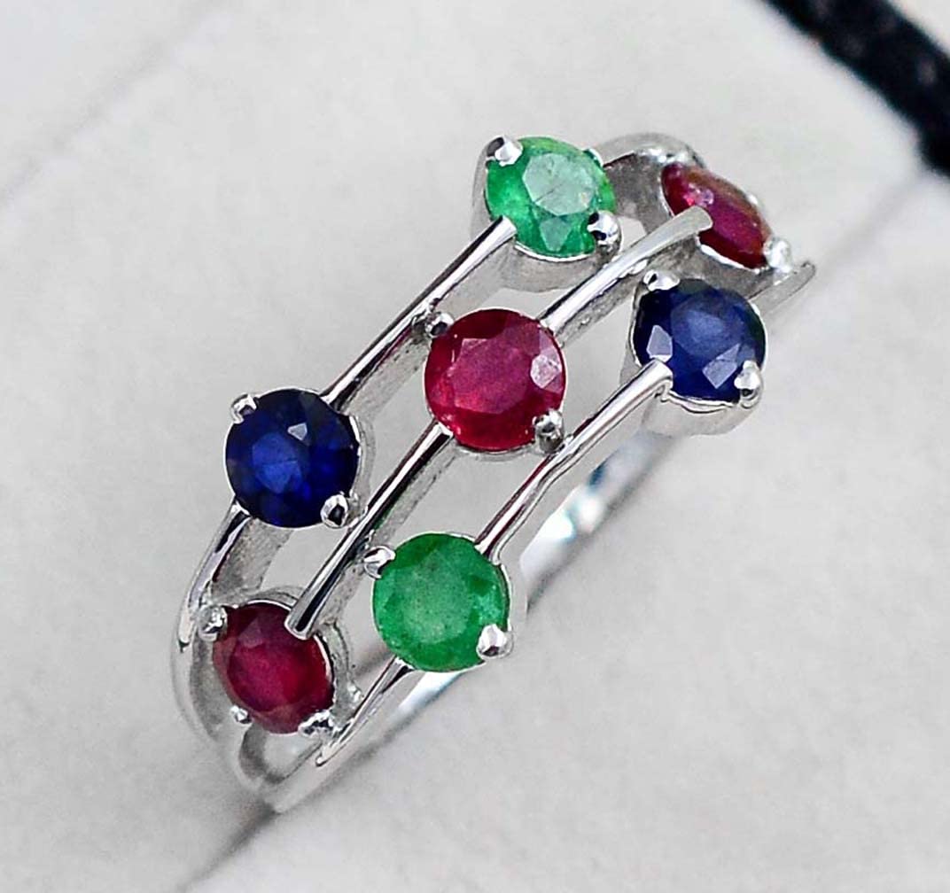 Natural Ruby Emerald Sapphire Mix Gemstone 4 MM Round Cut 925 Sterling Silver Cluster Unisex Proposal Ring For Christmas Gift (Rhodium Plated Silver, 11)