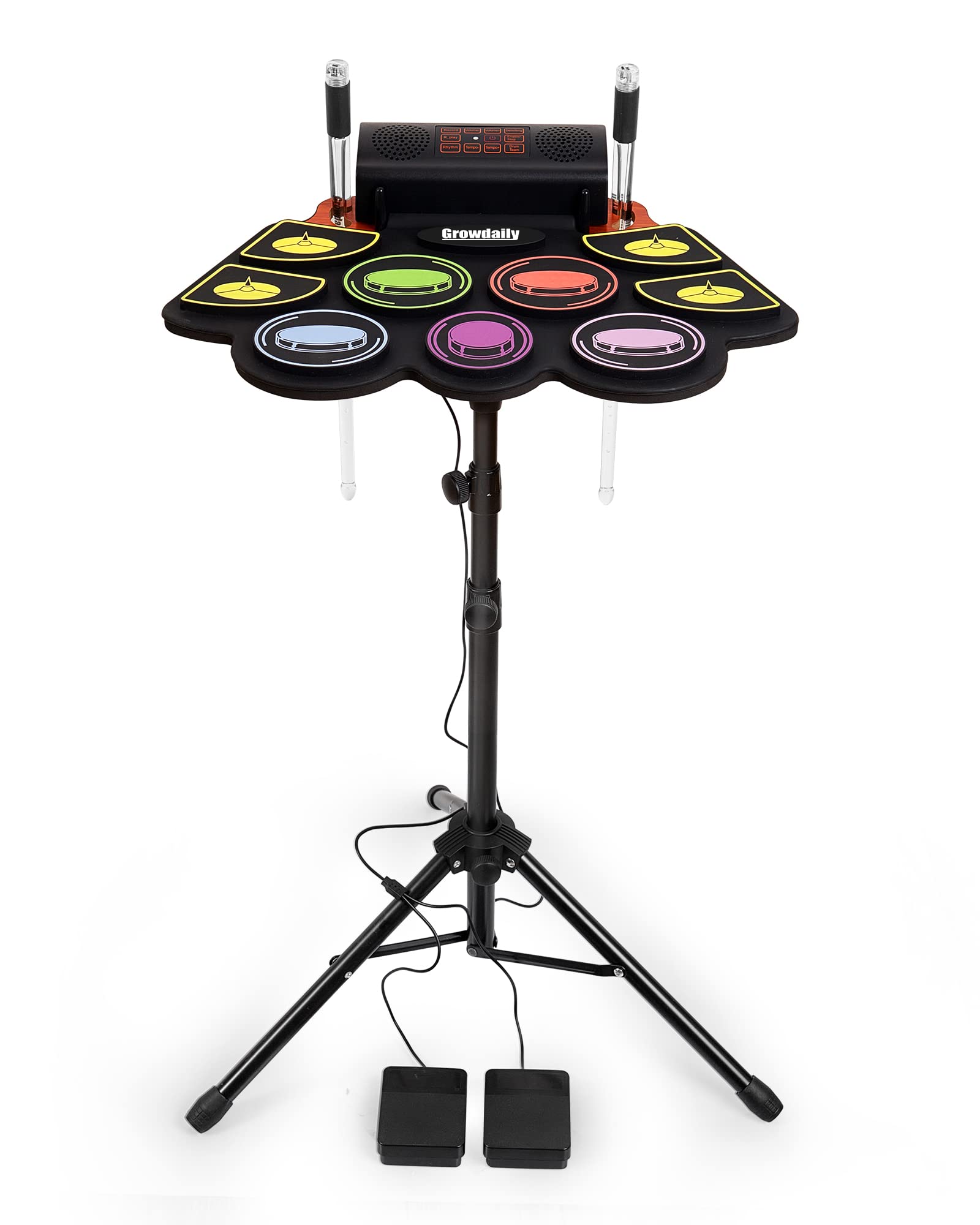 Electric Kids Drum Set,Electronic Drum Set Practice 9 Pads With Stand,Music Recording,Light Up Drum Sticks,Drum Pedal,Midi,Dual Stereo Speaker(Rainbow)