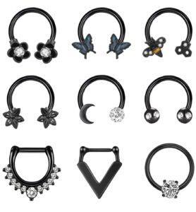 niceight 9pcs 16g sugical steel horseshoe septum rings for women cartilage hoop helix tragus daith piercing bee sunflower body jewelry b