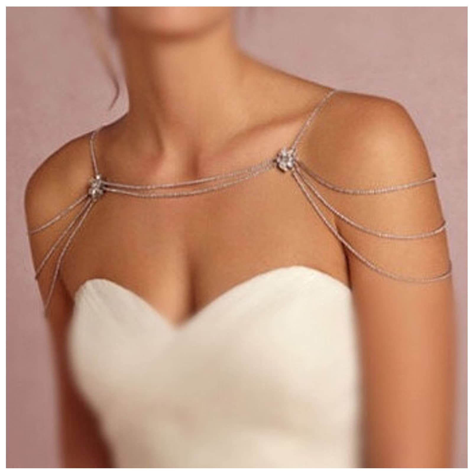 Women Rhinestone Layered Shoulder Chain Necklace Sexy Bikini Body Chain Party Wedding Summer Beach Jewelry Accessories (Silver)