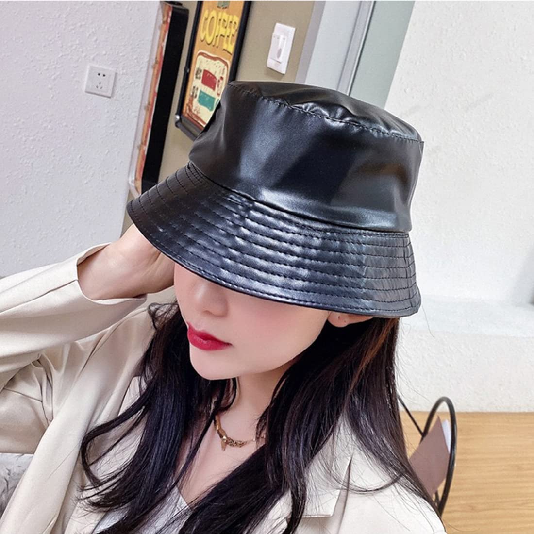 Unisex Retro Fashion PU Leather Bucket Hat Reversible Solid Trendy Sun Hat for Men Women