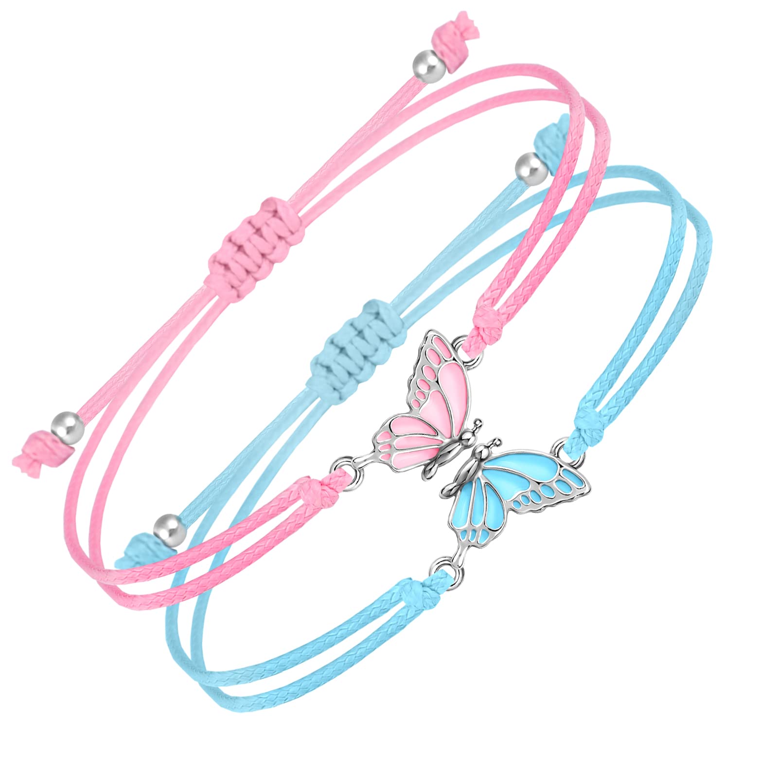 MJartoria BFF Bracelets for 2-Butterfly Matching Bracelets Adjustable Strand Best Friends Bracelet Handmade Charm Friendship Bracelets Jewelry Gifts for Women Couples (Blue+Pink-Silver)