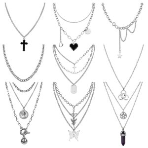 joerica 9 pcs chain necklace egirl cool goth punk layered necklaces for women men butterfly heart black crystal cross pendant choker necklace set y2k emo jewelry