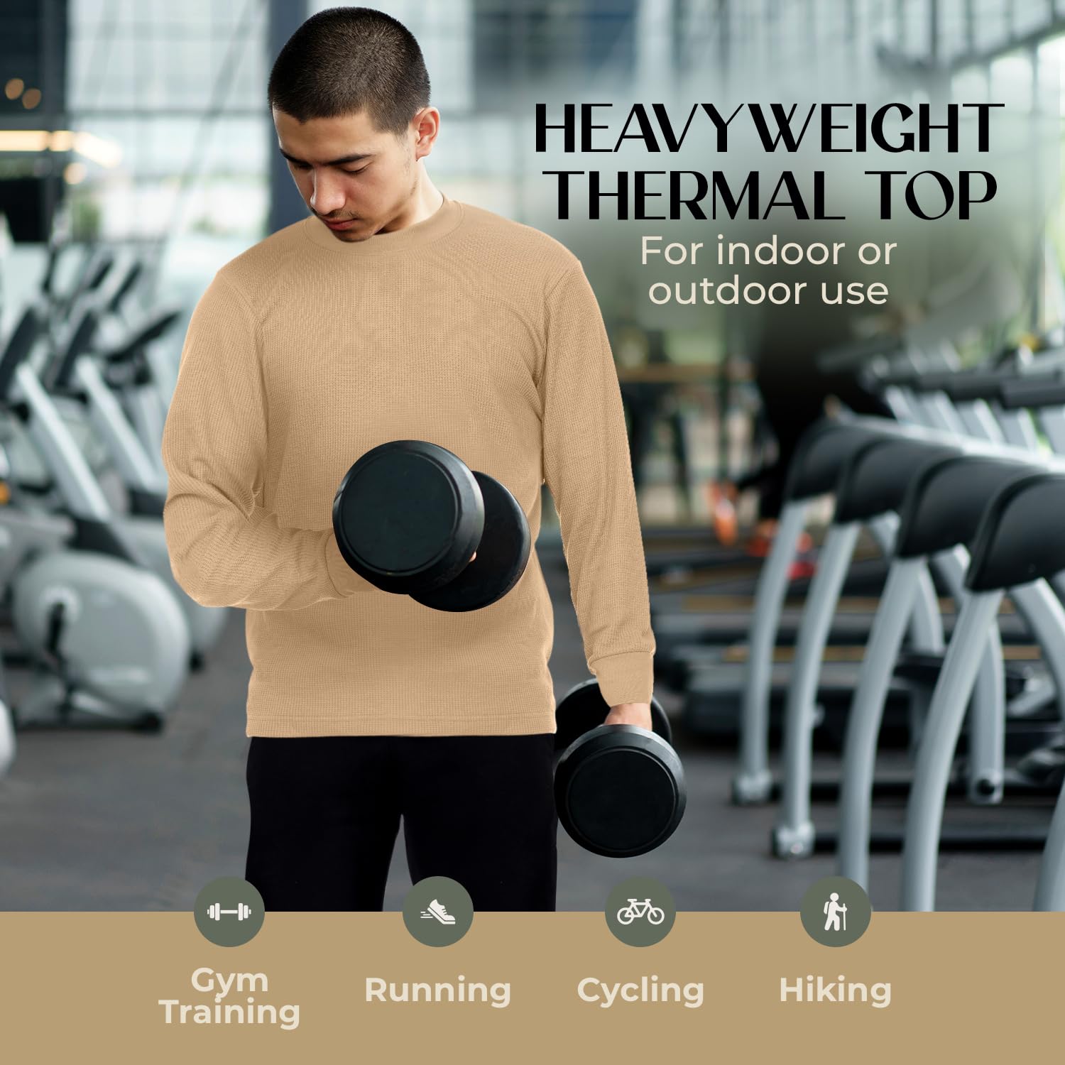 JMR Men's Thermal Shirt Heavy Weight Long Sleeve Waffle Crew Neck Top Underwear, Colors, Sizes (Khaki, 3X-Large)