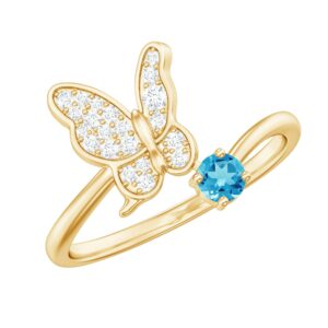 rosec jewels natural swiss blue topaz diamond promise ring for women, aaa quality, cute butterfly ring - ready to gift, 14k yellow gold, size:us 3.00