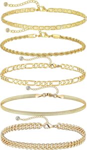 necocy gold ankle bracelets for women,14k real gold plated anklets herringbone figaro flat mariner dainty layered anklet set 3pcs cute summer beach chain anklets for women