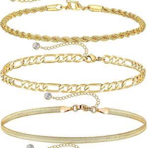 NECOCY Gold Ankle Bracelets for Women,14K Real Gold Plated Anklets Herringbone Figaro Flat Mariner Dainty Layered Anklet Set 3pcs Cute Summer Beach Chain Anklets for Women