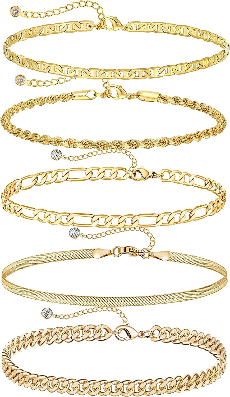 NECOCY Gold Ankle Bracelets for Women,14K Real Gold Plated Anklets Herringbone Figaro Flat Mariner Dainty Layered Anklet Set 3pcs Cute Summer Beach Chain Anklets for Women