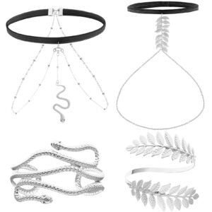 rechicgu 4 pieces thigh chain arm cuff set for women leaf leg chains adjustable armlet anklet bracelet boho body jewelry accessories for prom dress silver