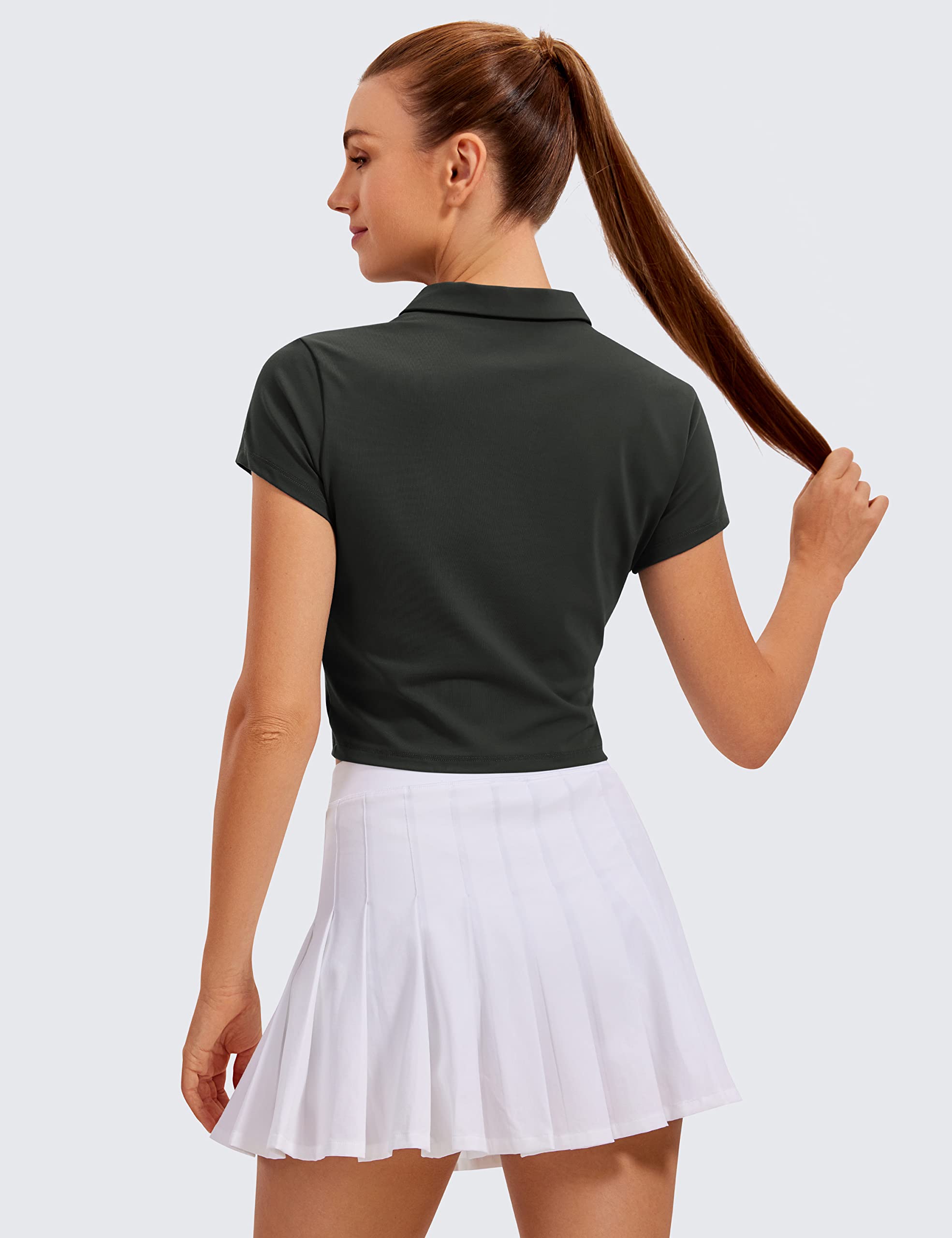 CRZ YOGA Workout Short Sleeve Shirts for Women Golf Polo Shirt Crop Tops Tennis Athletic Sports T-Shirts Grey Olive Medium