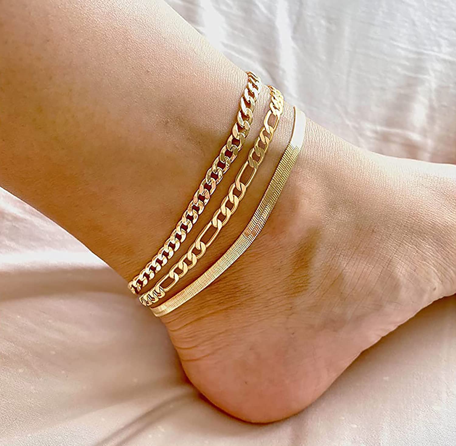 NECOCY Gold Ankle Bracelets for Women,14K Real Gold Plated Anklets Herringbone Figaro Flat Mariner Dainty Layered Anklet Set 3pcs Cute Summer Beach Chain Anklets for Women