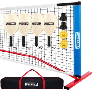 weepalm pickleball net set with 4 pickleball paddles, 22ft regulation size, 2 outdoor pickleballs & retrievers, carrying bag, stable metal frame and pe net for all weather use outdoor indoor