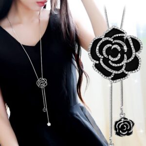 MXHUA Rhinestones Rose Flower Necklace for women Long Sweater Chain