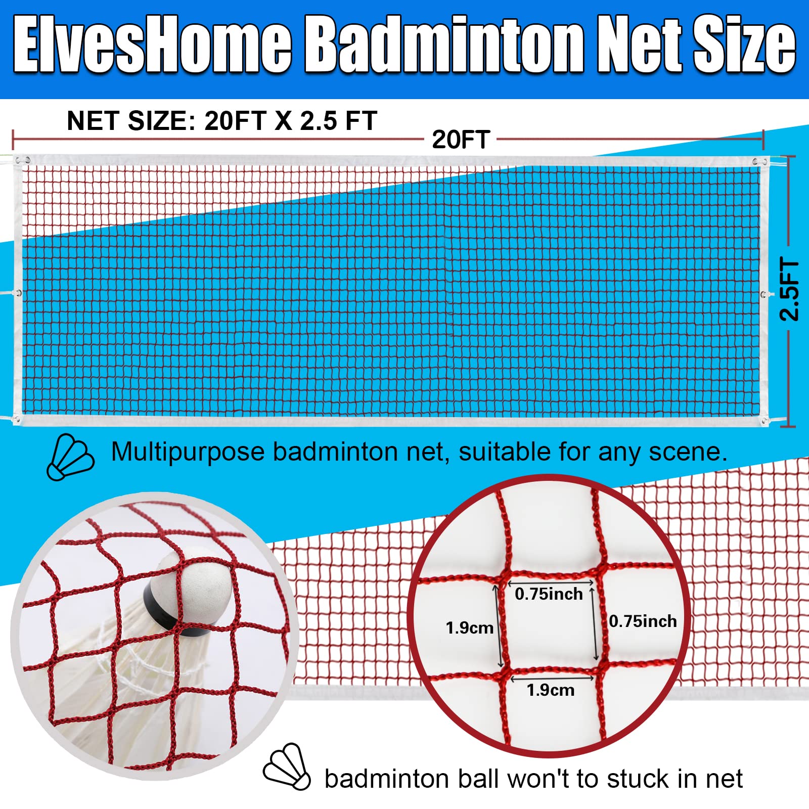 Badminton Net, Badminton Net for Backyard, Badminton Net Portable, Indoor Outdoor Badminton Volleyball Nets with Steel Cable, Professional Badminton Net Replacement for Beach, Schoolyard, 20FT x 2.5FT