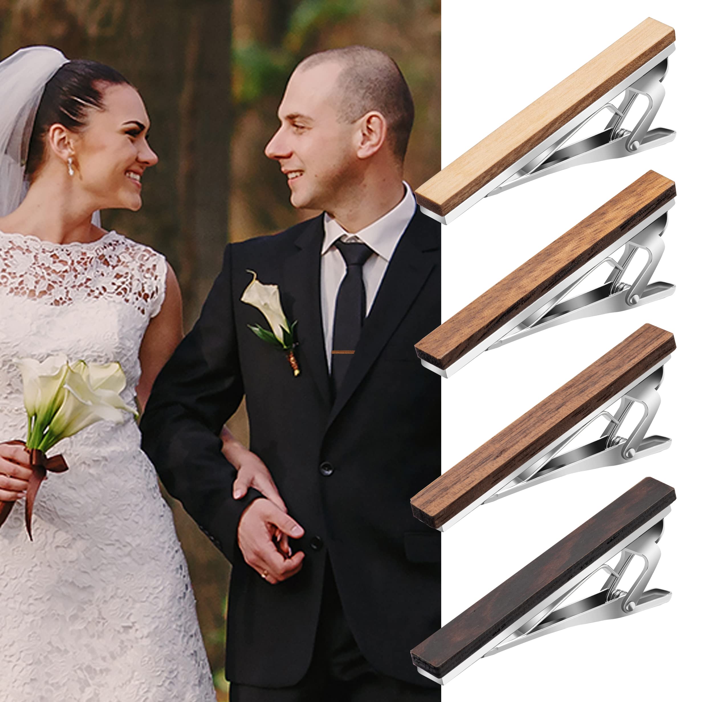 4 PCS Tie Clips for Men, Wood Tie Clip for Wedding Anniversary Business and Best Gift