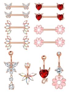 sanfenly 12pcs nipple rings belly button rings for women 14g 316l surgical stainless steel curved navel barbell cute butterfly flower belly piercing nipple piercing jewelry set