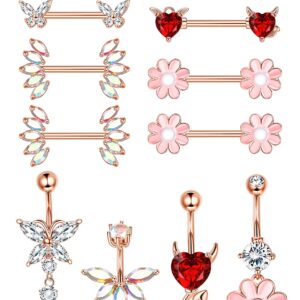 Sanfenly 12PCS Nipple Rings Belly Button Rings for Women 14G 316L Surgical Stainless Steel Curved Navel Barbell Cute Butterfly Flower Belly Piercing Nipple Piercing Jewelry Set