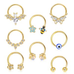 joerica 16g septum jewelry for women stainless steel horseshoe septum rings cute bee flower butterfly claw evil eye bead rings cartilage earrings hoop helix rook daith septum piercing jewelry 8/10mm