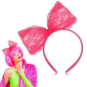 xinnun 80s neon lace bow headband 80s halloween costume accessories knot head wrap pink 1980 cosplay hairband for party women