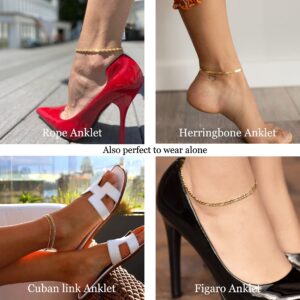 NECOCY Gold Ankle Bracelets for Women,14K Real Gold Plated Anklets Herringbone Figaro Flat Mariner Dainty Layered Anklet Set 3pcs Cute Summer Beach Chain Anklets for Women