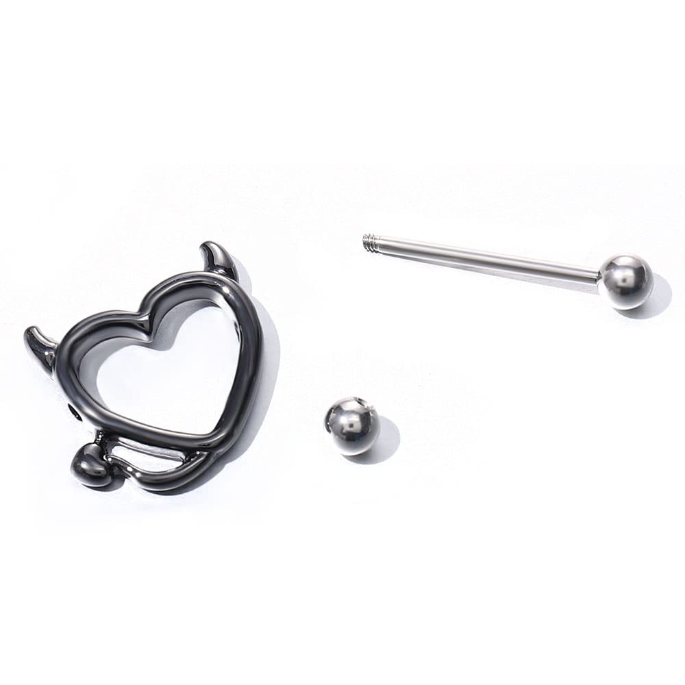 MIFYNN 1 Pair Nipple Rings for Women,Devil Heart Nipple Rings Surgical Steel Nipple Piercing Bar Shield Cover Barbell Sexy Piercings Nipple Hoops Piercing Jewelry for Girls (Black)