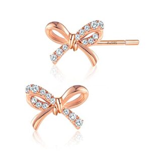 solid 14k rose gold bow stud earrings for women minimalist delicate aaaaa cz small studs earrings jewelry