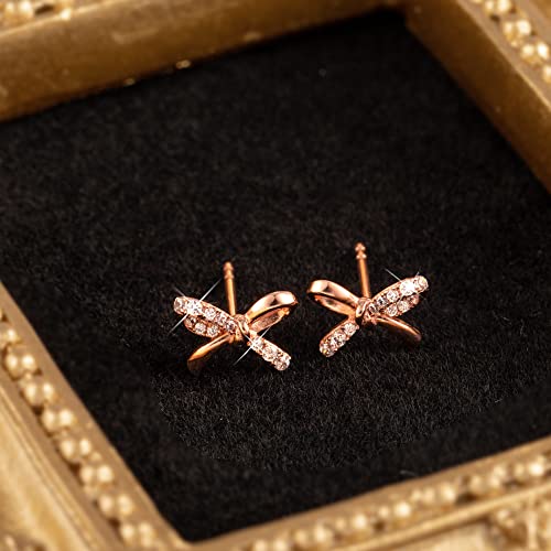 Solid 14K Rose Gold Bow Stud Earrings for Women Minimalist Delicate AAAAA CZ Small Studs Earrings Jewelry