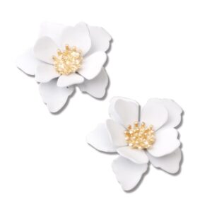 chic cute boho matte flower statement stud earrings with gold flower bud for women sister mom lover and friends (white)