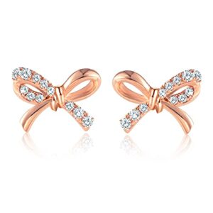 Solid 14K Rose Gold Bow Stud Earrings for Women Minimalist Delicate AAAAA CZ Small Studs Earrings Jewelry