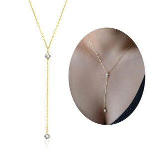 handmade lariat necklace for women, 18k gold plated dainty drop y chain necklace jewelry for women girl gifts with simulated diamond，16" to 18" adjustable length (gold)