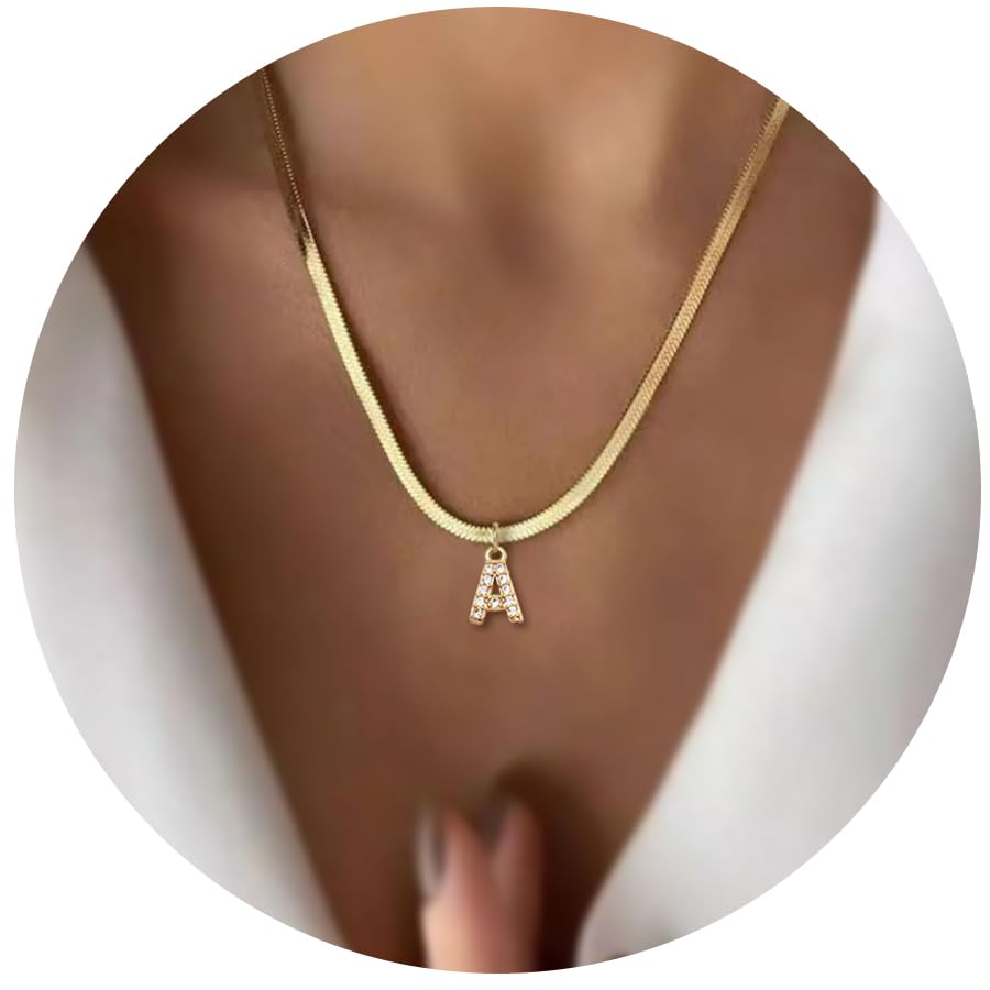 Gold Initial Necklaces For Women Trendy,Dainty 18k Gold Plated Charm Choker Necklace For Women Herringbone Chain Necklaces Jewelry A