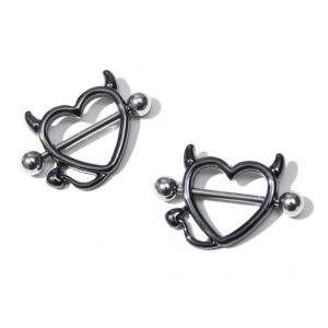 MIFYNN 1 Pair Nipple Rings for Women,Devil Heart Nipple Rings Surgical Steel Nipple Piercing Bar Shield Cover Barbell Sexy Piercings Nipple Hoops Piercing Jewelry for Girls (Black)