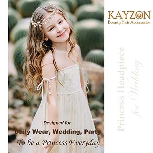 KAYZON Hair Accessories: Bridal Pearl Flower Headpiece Headband for Girls, Flower Girls, and Women (Gold)