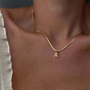 Gold Initial Necklaces For Women Trendy,Dainty 18k Gold Plated Charm Choker Necklace For Women Herringbone Chain Necklaces Jewelry A