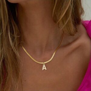 Gold Initial Necklaces For Women Trendy,Dainty 18k Gold Plated Charm Choker Necklace For Women Herringbone Chain Necklaces Jewelry A