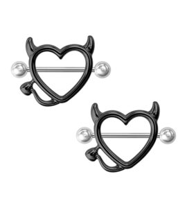 mifynn 1 pair nipple rings for women,devil heart nipple rings surgical steel nipple piercing bar shield cover barbell sexy piercings nipple hoops piercing jewelry for girls (black)