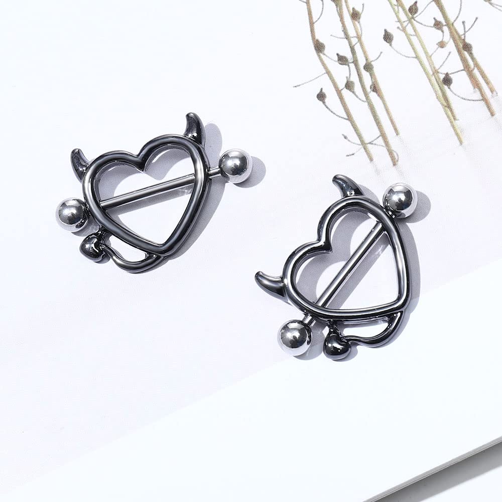 MIFYNN 1 Pair Nipple Rings for Women,Devil Heart Nipple Rings Surgical Steel Nipple Piercing Bar Shield Cover Barbell Sexy Piercings Nipple Hoops Piercing Jewelry for Girls (Black)