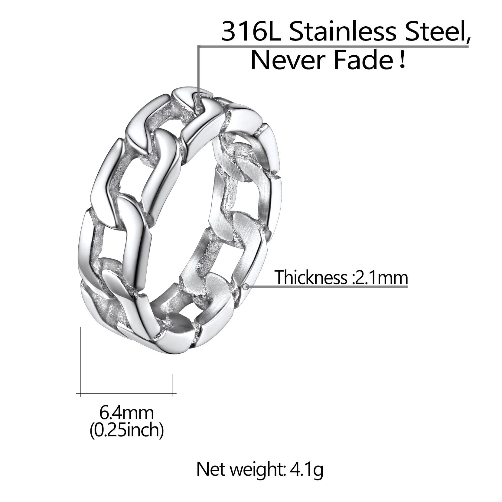 6mm Stainless Steel Cuban Chain Rings for Men Women Wedding Band Fashion Jewelry