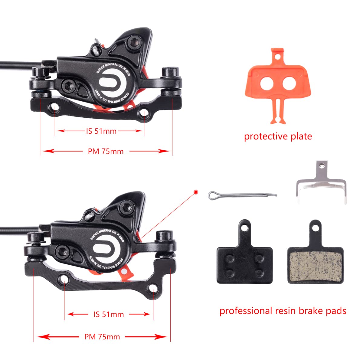 Cyclon MTB Hydraulic Disc Brakes Set, Black/Red Aluminum Alloy Hydraulic Brakes for Mountain Bike Left Front 1000mm Right Rear 1700mm Hydraulic Bicycle Brakes with is/PM Adapter Fit 160mm Rotor