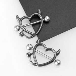 MIFYNN 1 Pair Nipple Rings for Women,Devil Heart Nipple Rings Surgical Steel Nipple Piercing Bar Shield Cover Barbell Sexy Piercings Nipple Hoops Piercing Jewelry for Girls (Black)