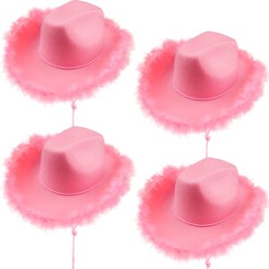 rcanedny 4 pack cowboy hat western women cowboy hat with feathers pink feather cowgirl hat with adjustable neck draw string for adult birthday gifts halloween party costume (color set 2)